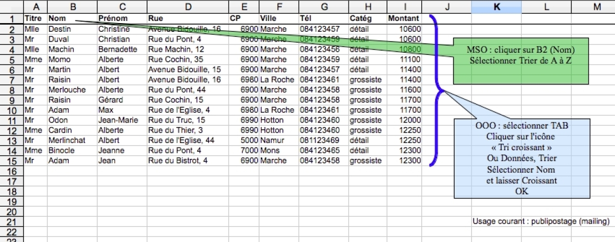 Module 3 Bureautique : Excel-Calc (Bases) - Exercice : 5 Fichier client simple